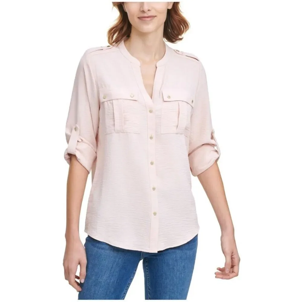 Calvin Klein | Tops | Calvin Klein Womens Textured Button Up Shirt Pink ...